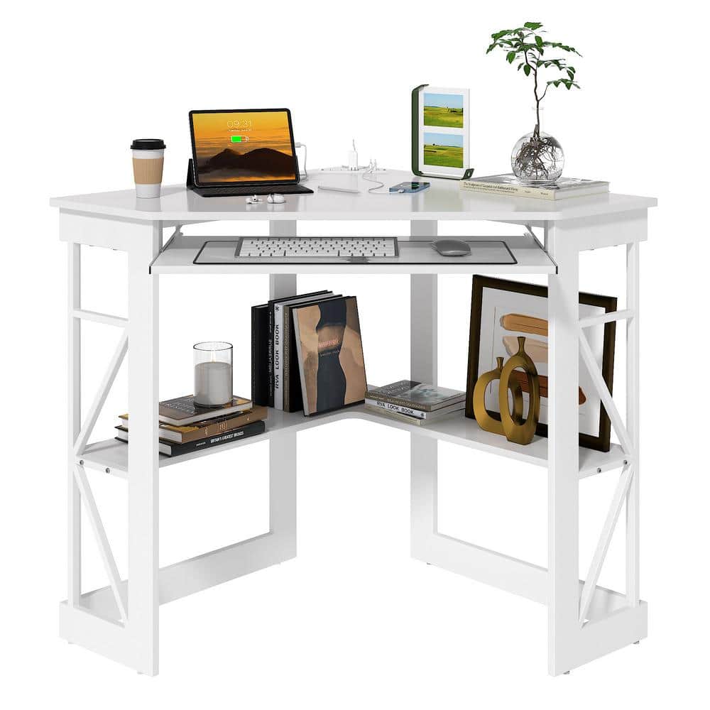 VECELO Corner Computer Desk with Built-In Charging Station, Keyboard ...