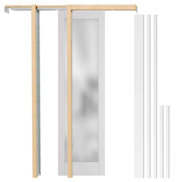 TENONER 18 in. x 80 in. Primed Wood Pocket Door Kit with Frame and Jamb ...