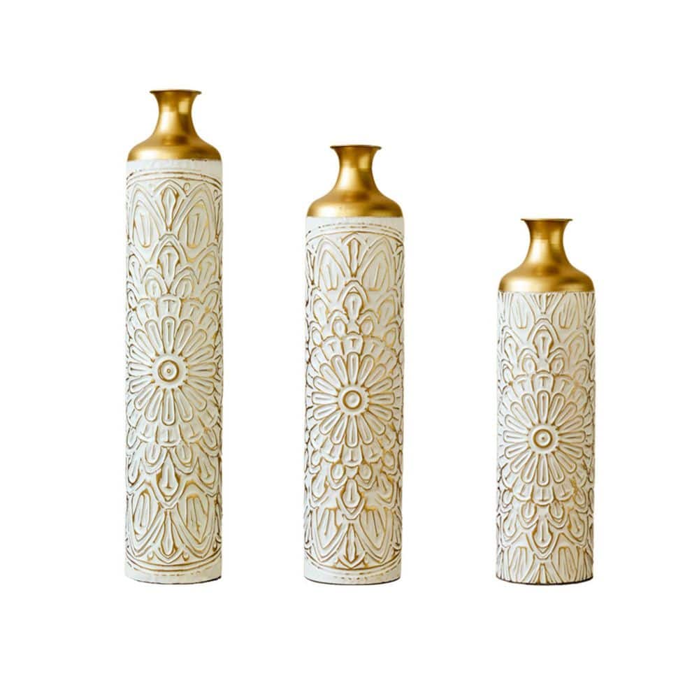 Seafuloy 24"/29"/33" Gilded White Metal Vase Trio Set, 3D Floral Relief ...