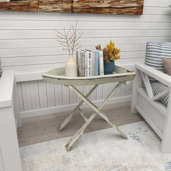 Litton Lane 16 in. White Boat Shaped Tray Top Large Rectangle Wood End Accent Table with Oar Inspired Legs 20439