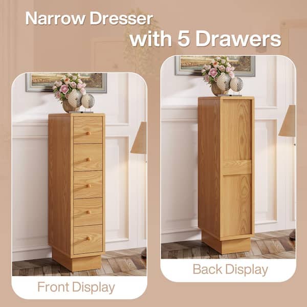 BYBLIGHT 5 Drawer Chest of Drawers 9.84 in. W Narrow Dresser for Bedroom Oak BB HL047CT