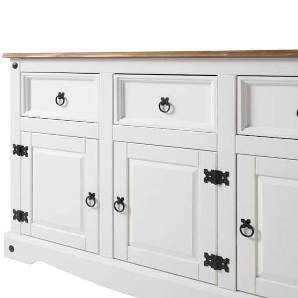 OS Home and Office Furniture Cottage Series Distressed White Wood Pine 49.25 in. Buffet Sideboard with 3 drawers and 3 doors COW388