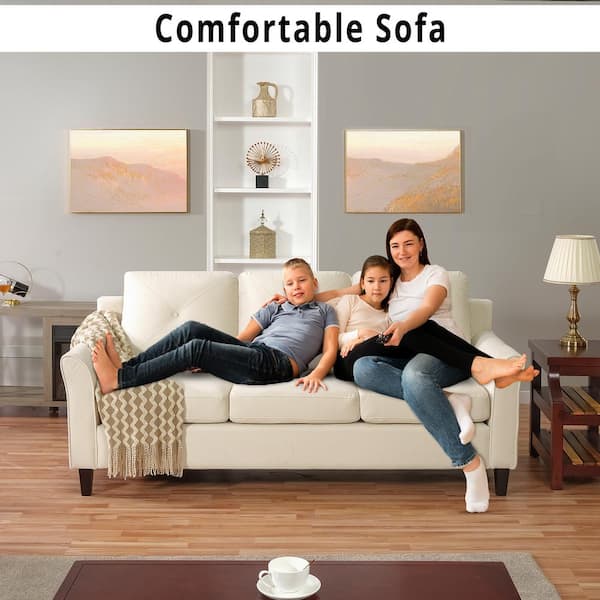 HOMESTOCK 79.92 in. Square Arm 3 Seater Microfiber Couch for Small Spaces Sofa Cama para Sala Modernos Baratos Sofa in Cream 21067W