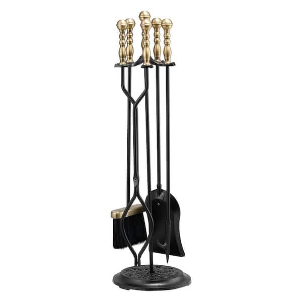 VEVOR Fireplace Tool Set, 5 Pcs, Holder w/ 5-Prong Stand/Tongs/Ash ...