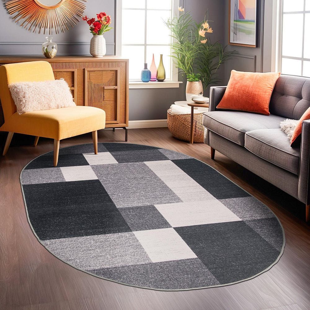 WRG Geometric Boxes Design Non-Slip (Non-Skid) Gray 5 ft. x 7 ft. Oval ...