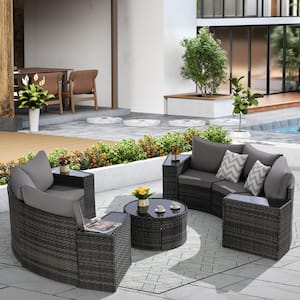 Sudzendf 11-Piece Gray Wicker Round Patio Conversation Set with Beige ...