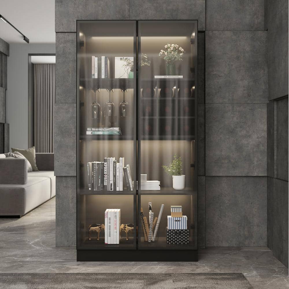 FUFU&GAGA Black Wood Storage Cabinet Display Cabinet With Wine Cubes ...
