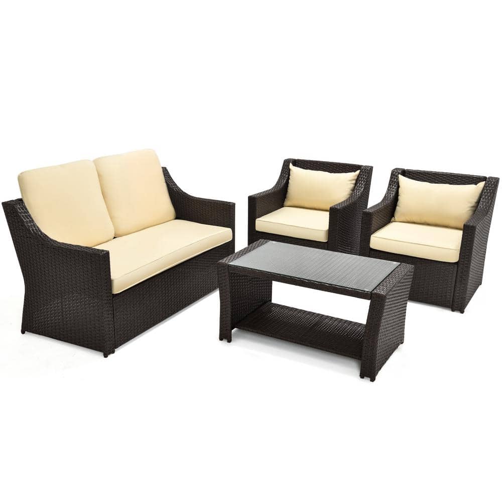 DEXTRUS 4-Piece Patio Rattan Conversation Set with Beige Cushions ...