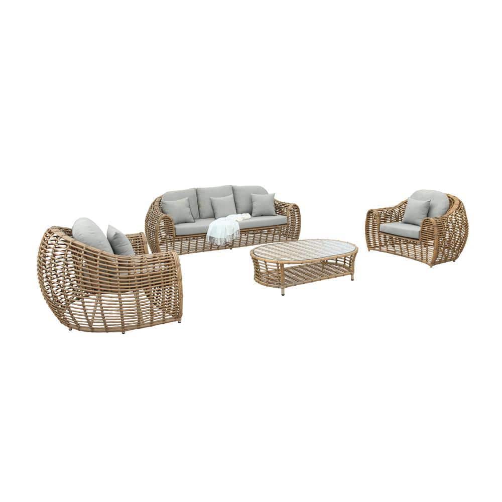 Renava Sandra 4-Piece Wicker Patio Conversation Set with Beige Cushions ...
