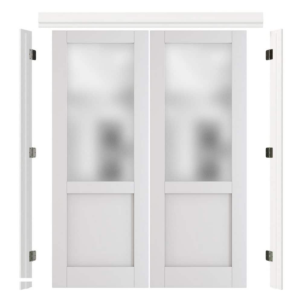 TENONER 60 in. x 80 in. Top Frosted Glass Primed Wood Doors Assembly ...