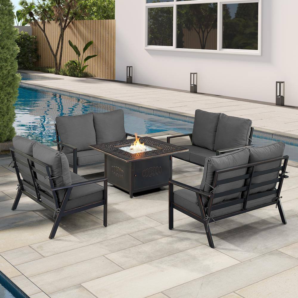 Oakland Living Black 5-Piece Aluminum Patio Fire Pit Set with Black ...