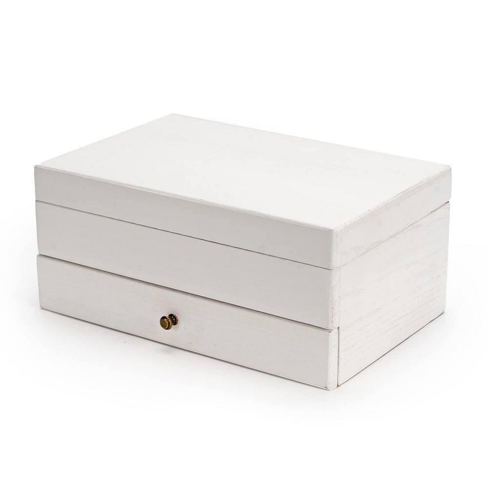 White 2 Layer Rectangular Rustic Wooden Jewelry Box with Mirror & Ring ...