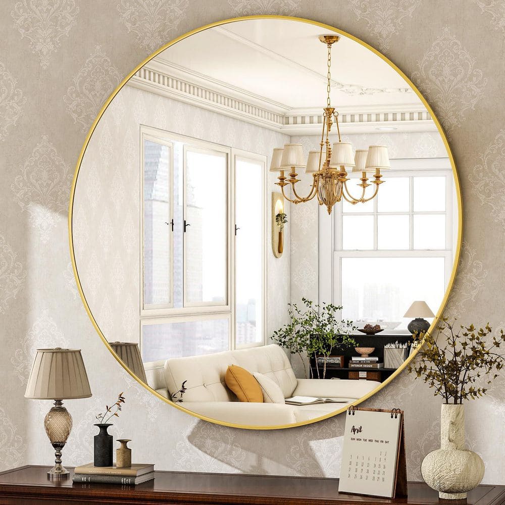 XRAMFY 30 in. W x 30 in. H Round Gold Vanity Mirror with Brushed ...