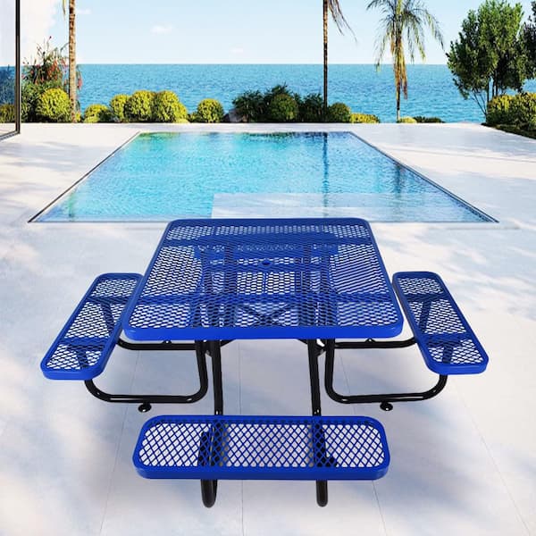 46 in. Blue Square Outdoor Steel Picnic Table with Umbrella Pole, Seats ...