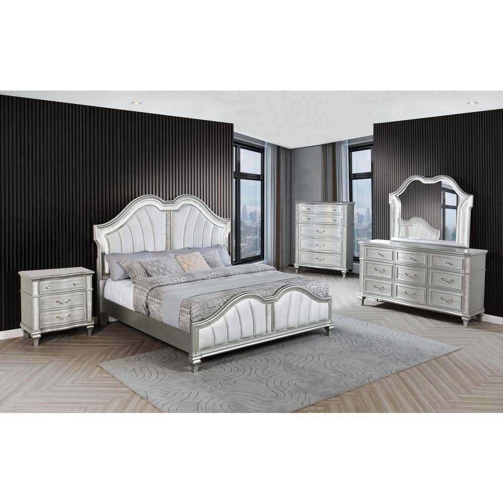 Best Quality Furniture Nila 5-Piece Silver Color Wood Frame Eastern King Panel Bedroom Set with ...