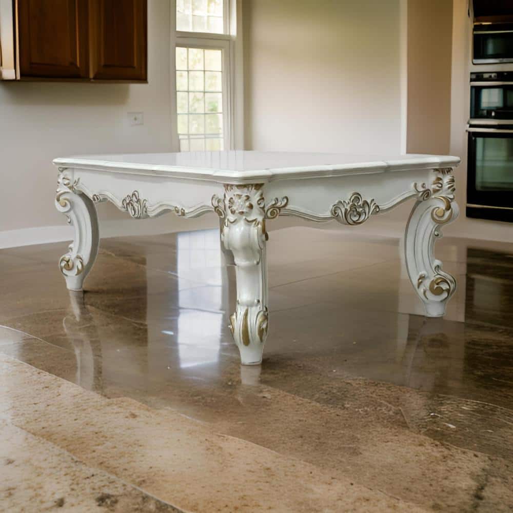 Benjara Jess 53 in. White and Gold Rectangle Wood Coffee Table with Oversized Scrolled Legs For ...