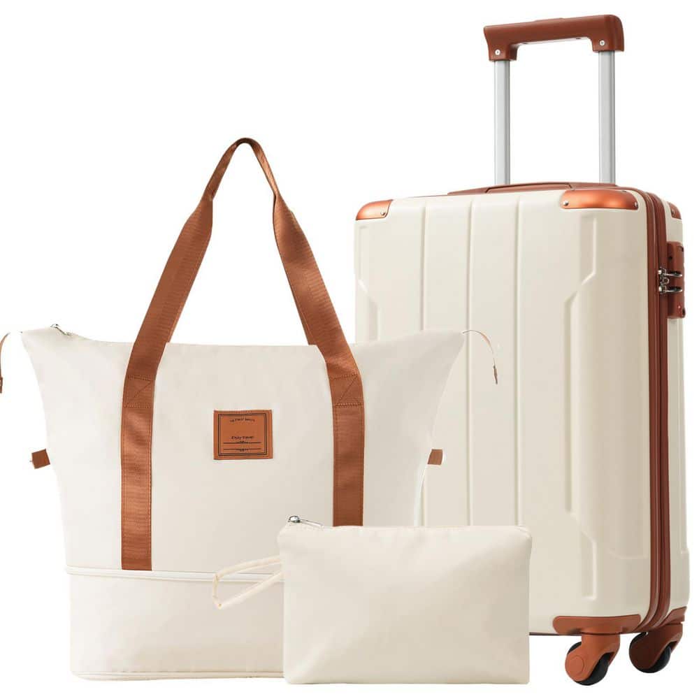 Tatahance 3-Piece White Brown ABS Hardside Lightweight Luggage Set with ...