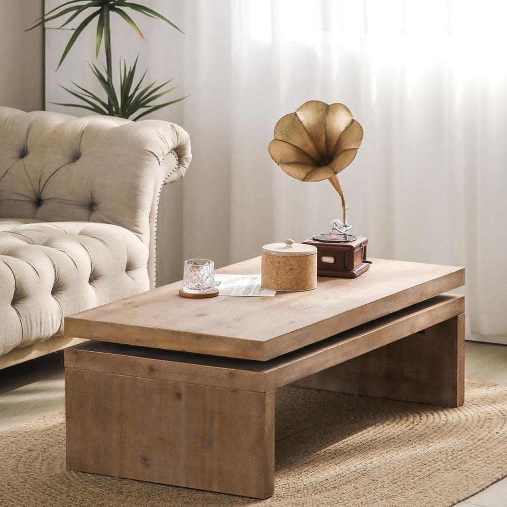 Clihome 48 in. Natural Wood Living Room Rectangle Wood Tabletop Coffee ...