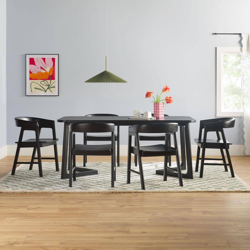 Welwick Designs Modern 7-Piece Rectangle Black Solid Wood Top Dining ...