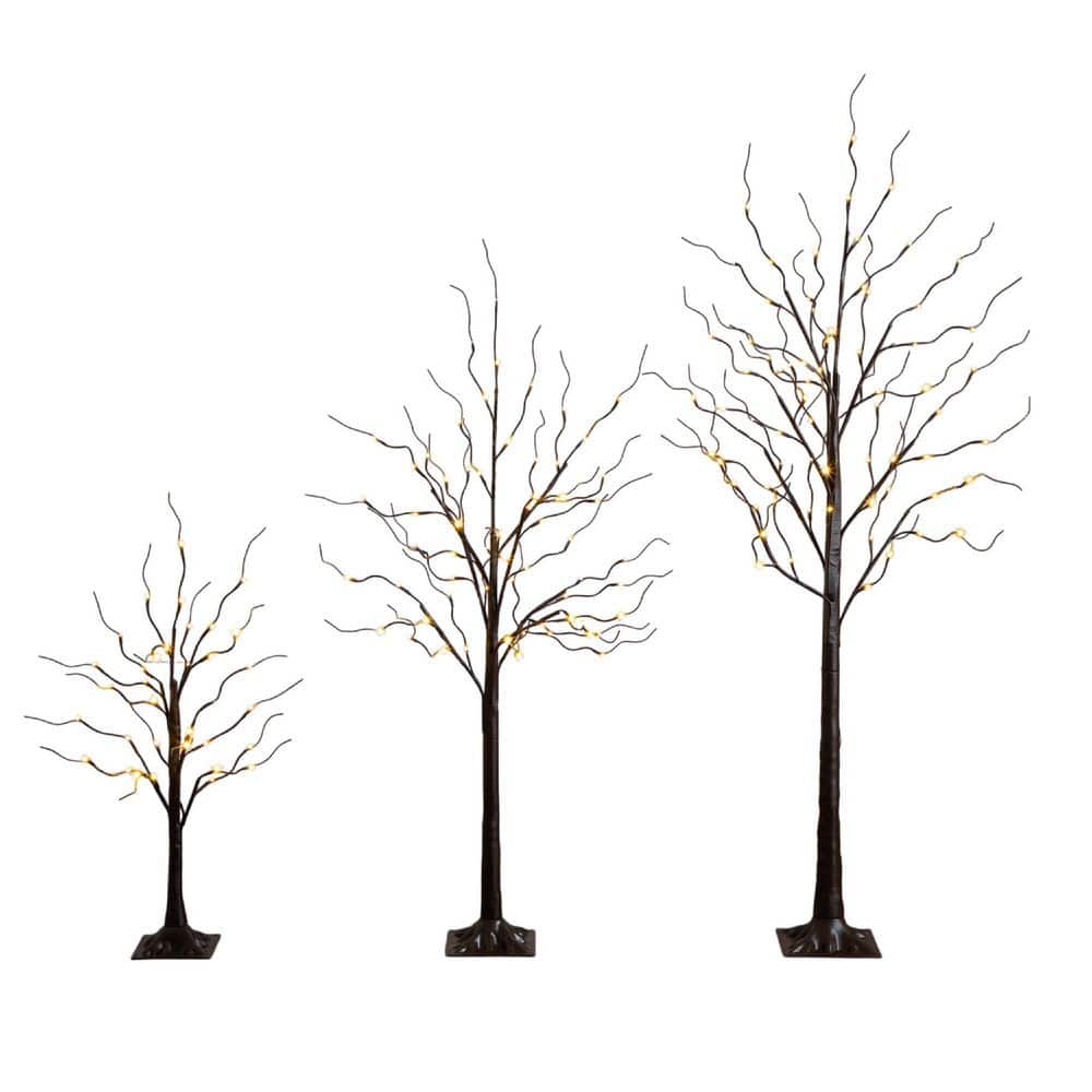 Nearly Natural 3 ft. 5 ft. 6 ft. Artificial Brown Birch Trees with Warm ...
