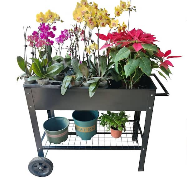Black Metal Flower Pot, Mobile Metal Elevated Flower Bed Cart with Legs ...