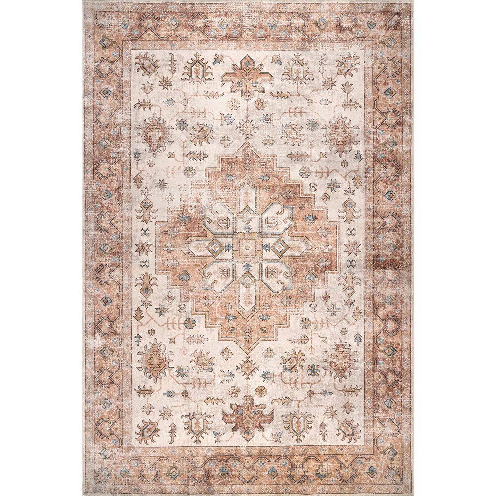 nuLOOM Dawson Machine Washable Peach 4 ft. x 6 ft. Distressed Medallion ...