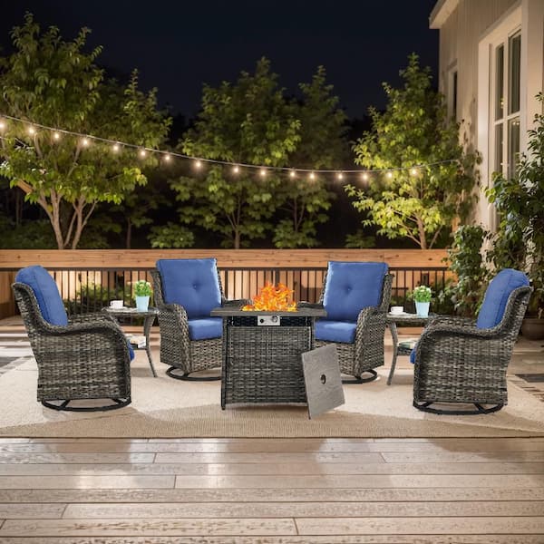 Bellefurn Well Cane Gray 7-Piece Wicker Patio Fire Pit Set Outdoor 4 ...