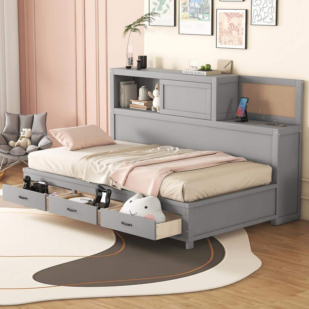 Harper & Bright Designs Gray Wood Twin Size Daybed with Storage Shelves ...