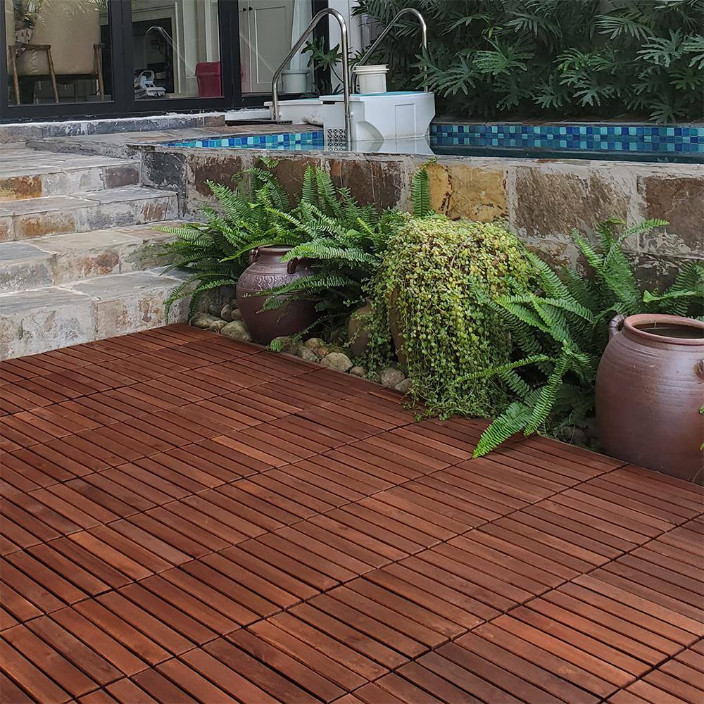 YOFE 1 ft. x 1 ft. Acacia Wood Interlocking Deck Tiles in Brown, Indoor ...