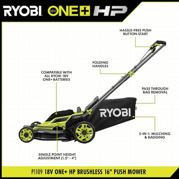 RYOBI ONE+ HP 18V Brushless 16 in. Cordless Walk Behind Push Lawn Mower ...
