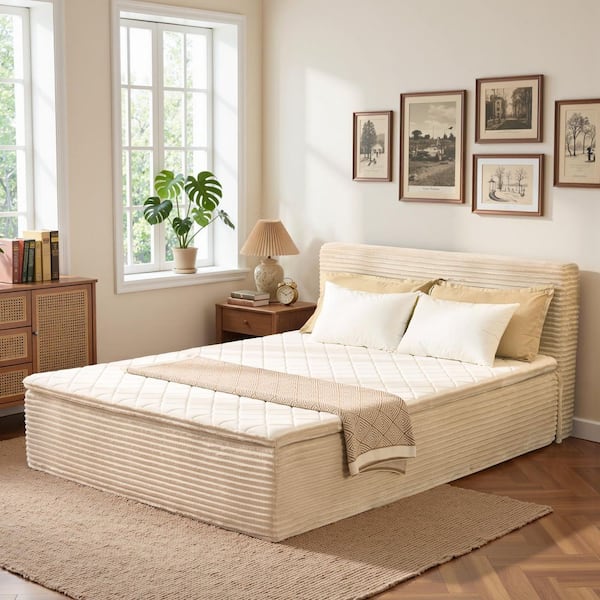 Allwex Zuke Beige Plush Corduroy Memory Foam Frame Queen Size ...