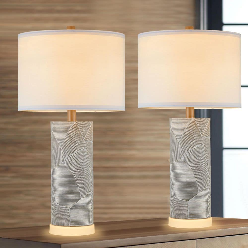 KAWOTI 23.25 in. Grey with Distressed White Resin Table Lamp Set with ...