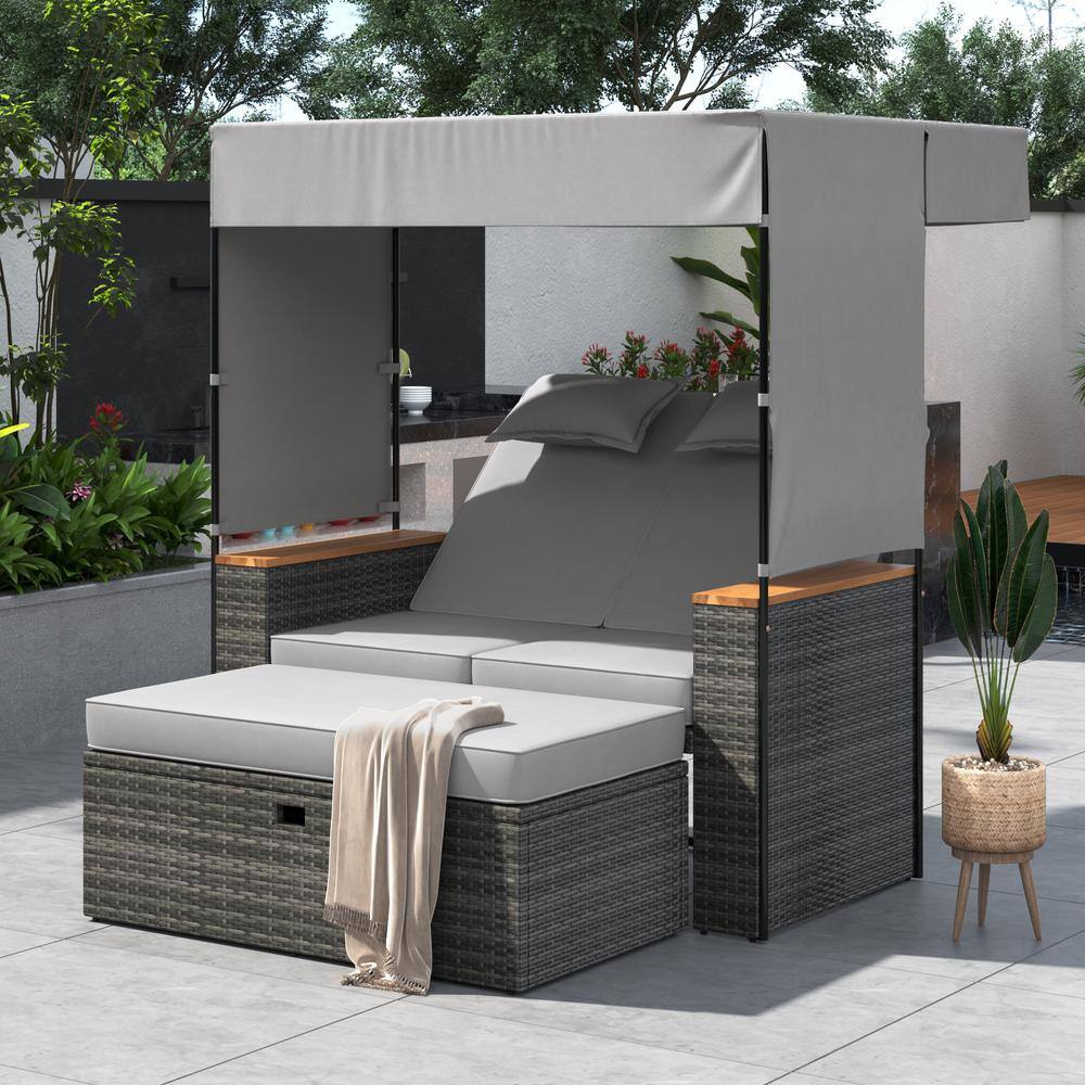 Nestfair Gray Wicker Outdoor Bench Lounge Chair with Roof, Adjustable ...