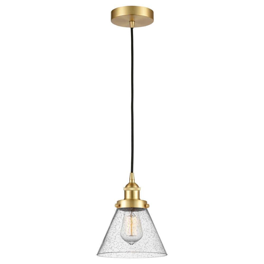Innovations Cone 60-Watt 1-Light Satin Gold Standard Mini Pendant Light with Seeded Glass Shade ...