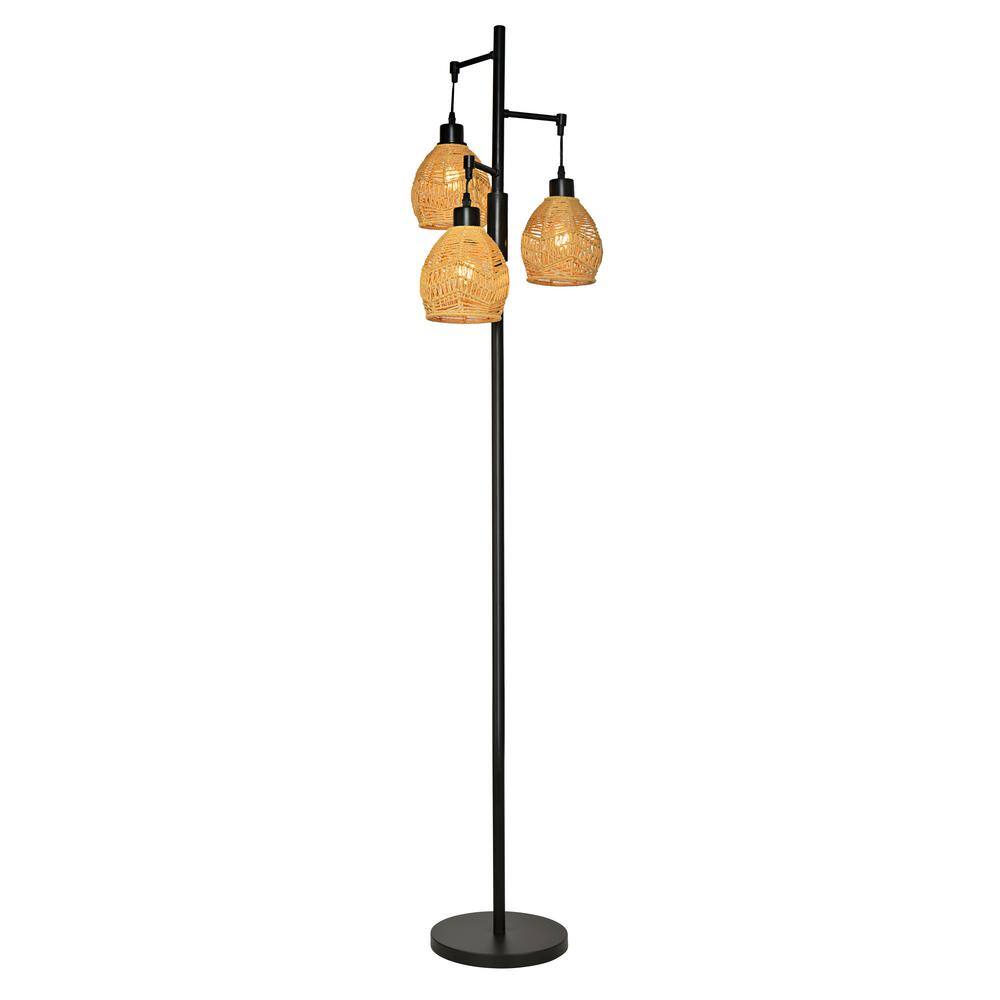 Pia Ricco 65 in. 3-Light Brown Boho Rattan Tree Floor Lamp With Shades ...