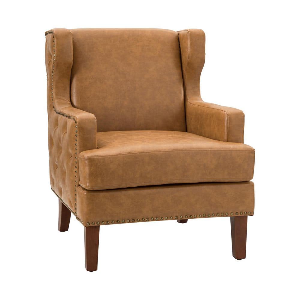 JAYDEN CREATION Enrico Camel Vegan Leather Armchair with Solid Wood ...