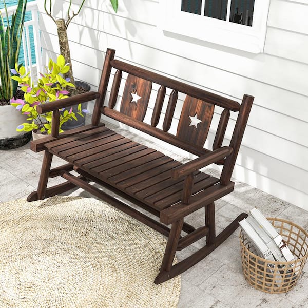 Tangkula Outdoor Carbonized Wood Rocking Bench Double Rocking Chair for 2 Persons w Wide Curved Seat
