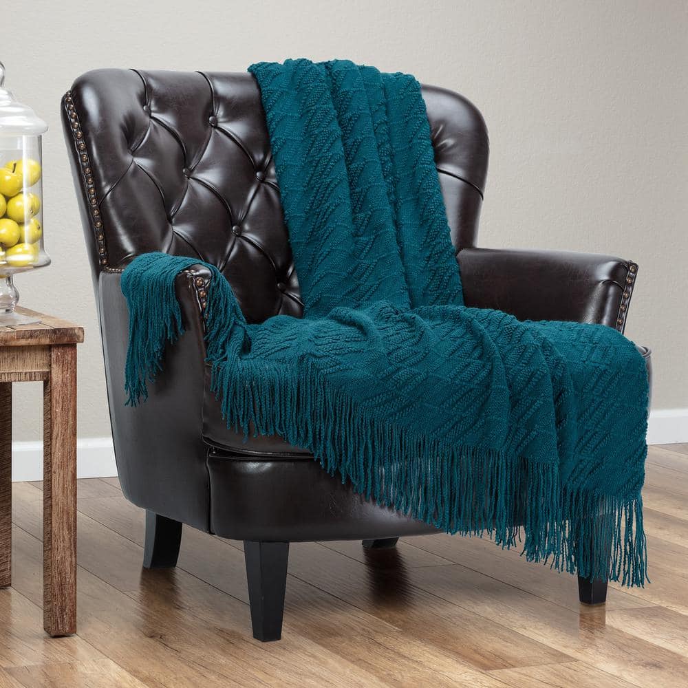 CHANASYA Textured Deep Teal Bevel Knit Acrylic Throw Blanket with ...