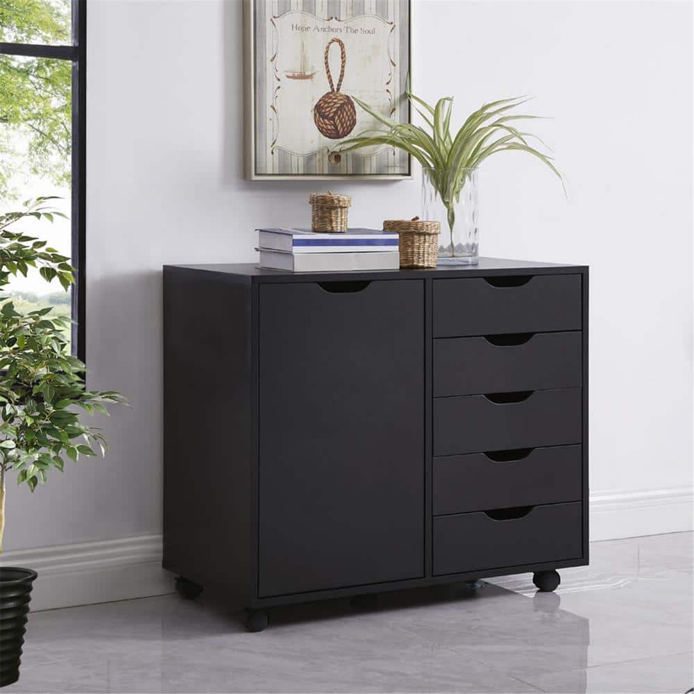 HOMESTOCK Black, 5-Drawer Wood Dresser Storage Cabinet with Shelves ...