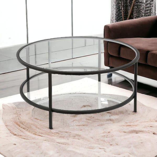 HomeRoots 36 in. Black Round Glass Coffee Table with Shelves Storage ...