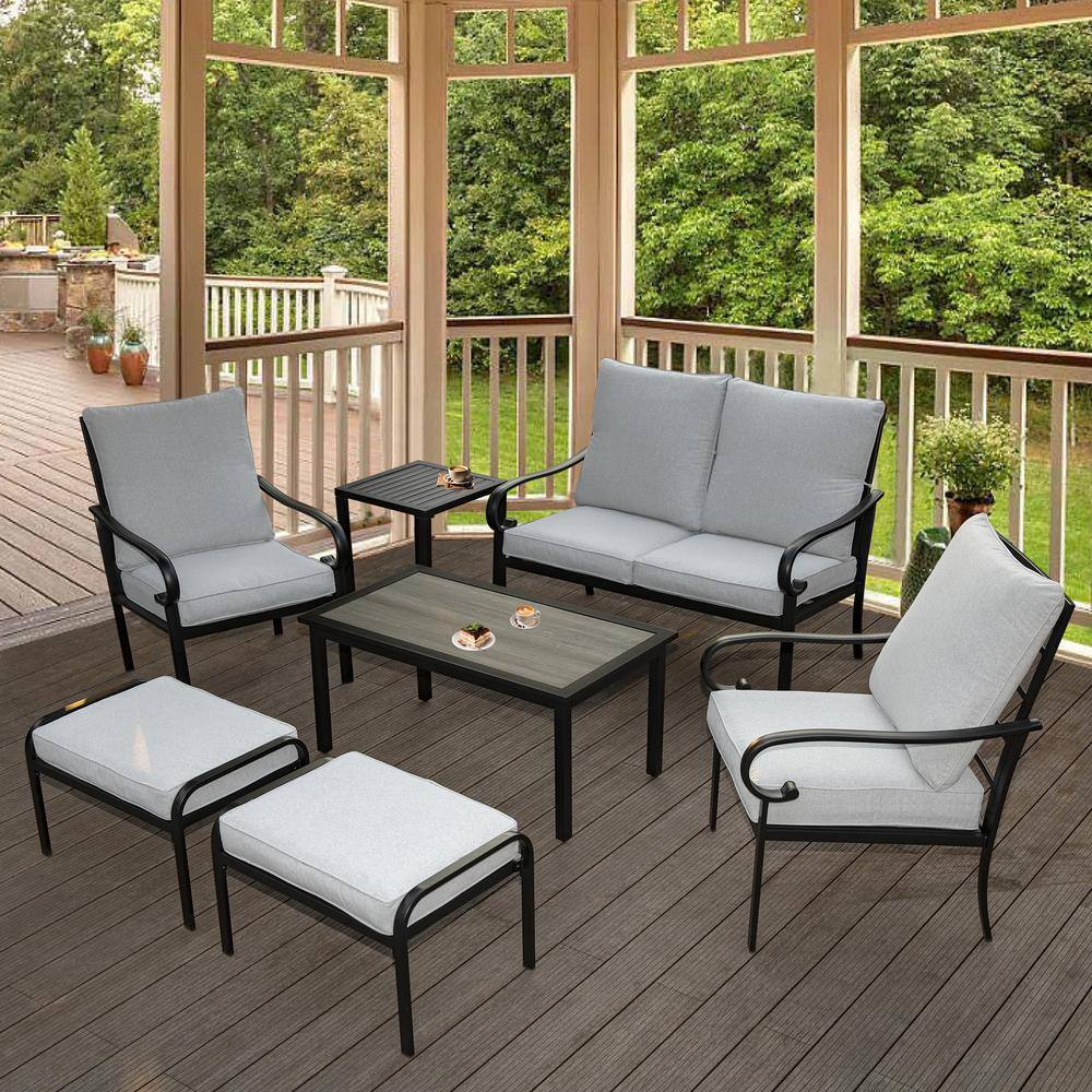 MEOOEM 7-Piece Metal Outdoor Sectional Sofa Set with Gray Cushions ...