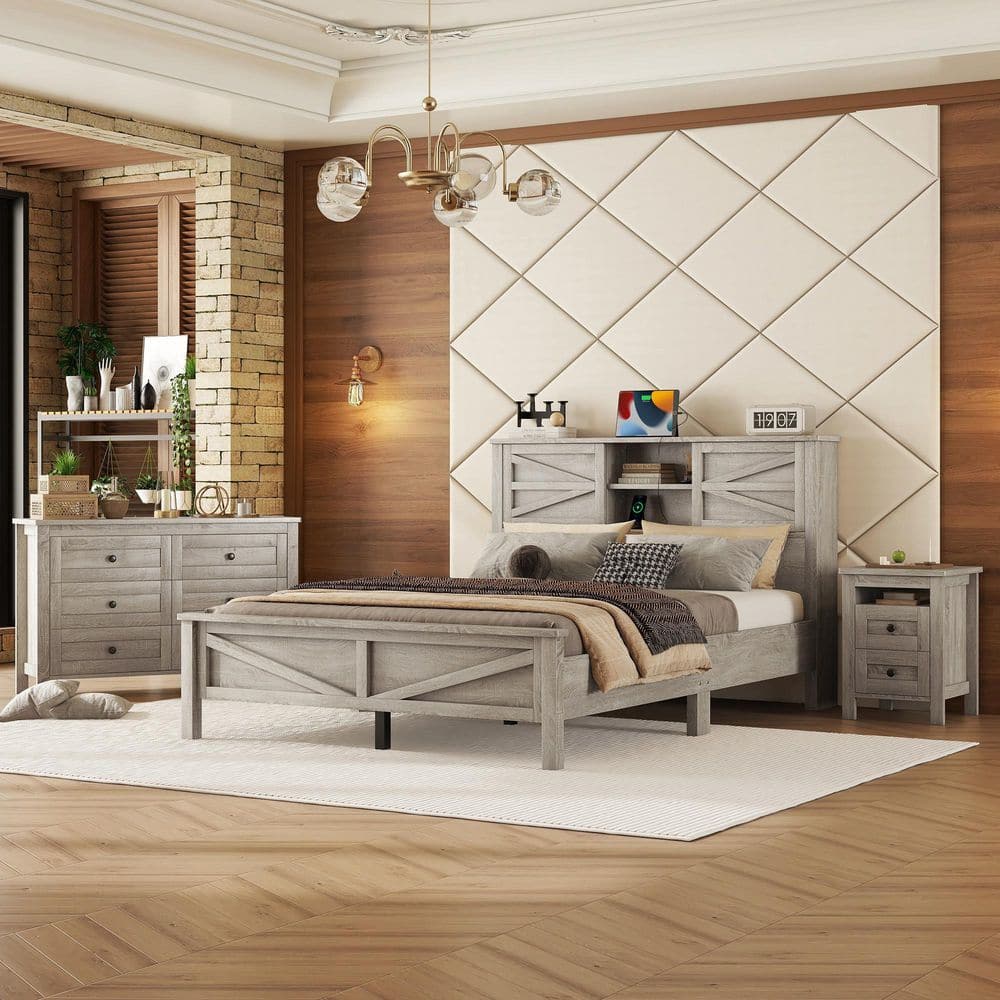 3-Piece Gray Wood Queen Bedroom Set Platform Bed w/Double Sliding Door ...