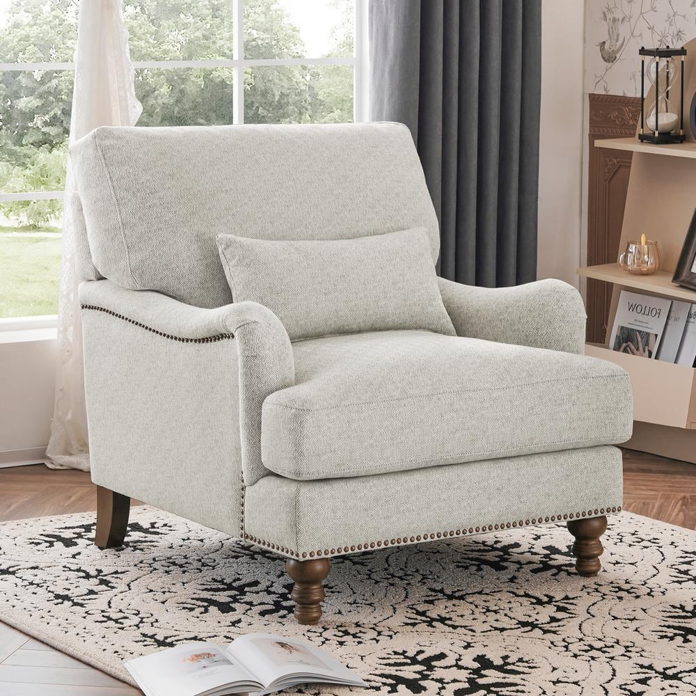 LUE BONA 39 in. W Herringbone Beige Fabric Upholstered Club Chair with Nailhead Trim Wooden Leg Accent Chair SG 002 04HD The Home Depot