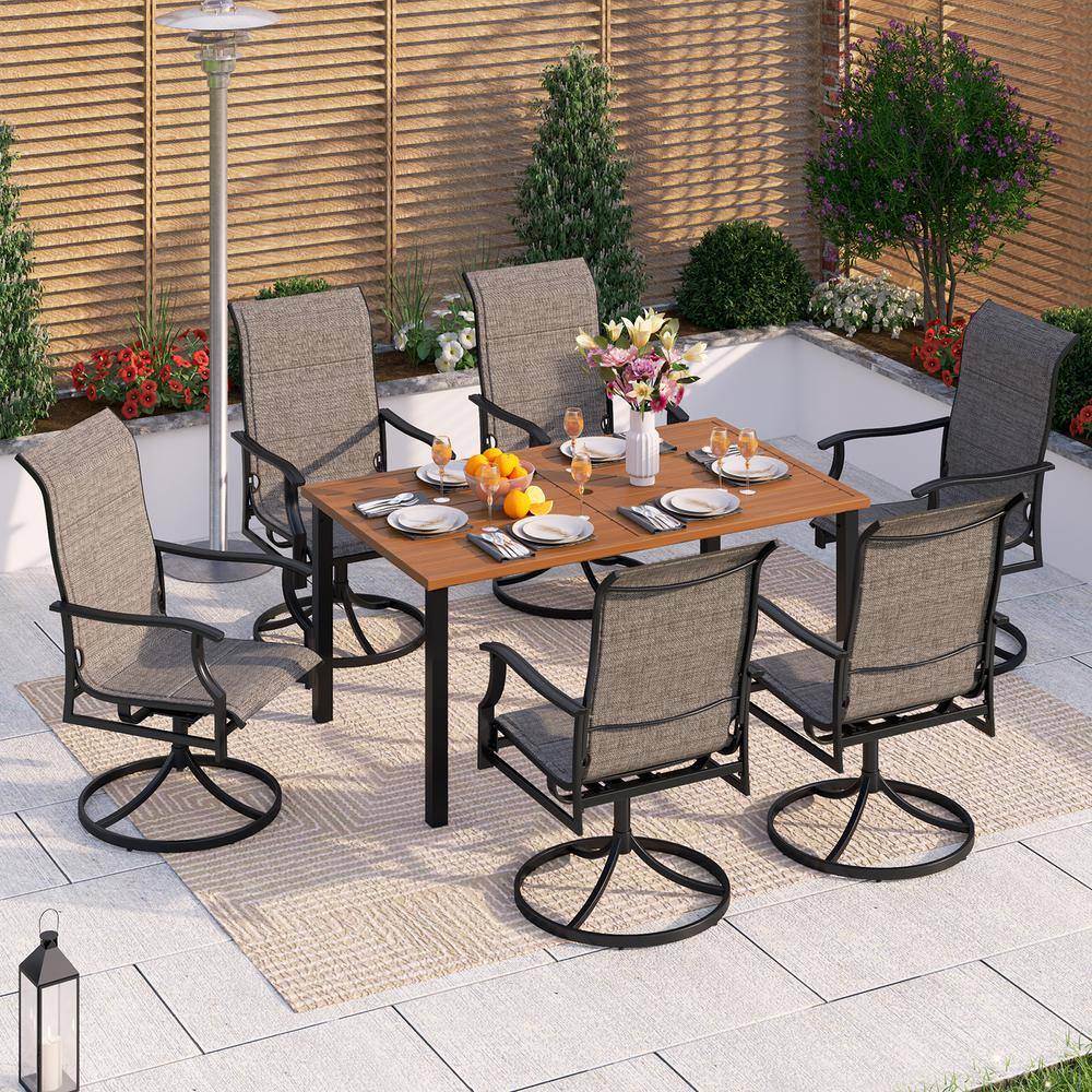PHI VILLA Black 7-Piece Metal Outdoor Patio Dining Set with Wood-Look ...