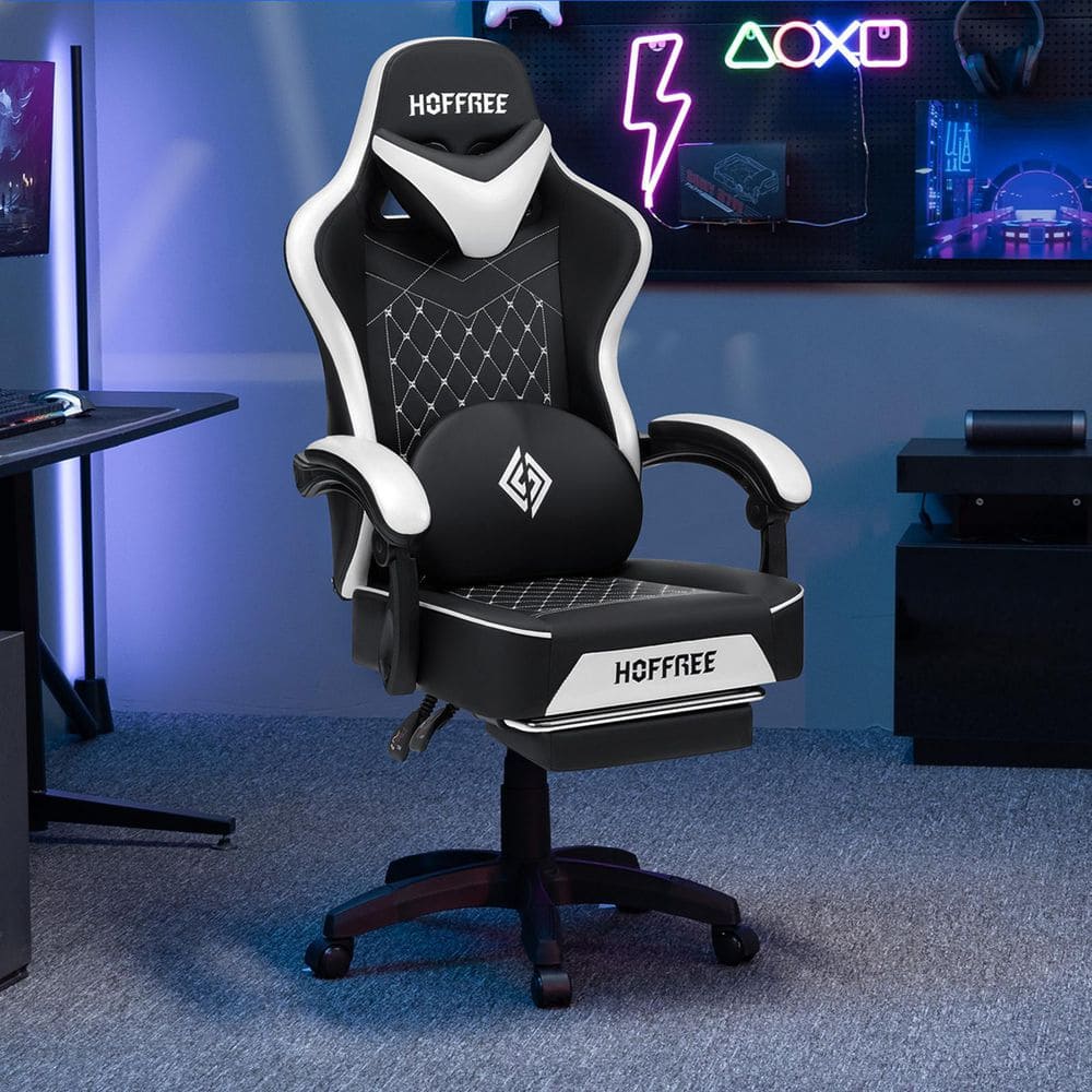 Hoffree Faux Leather Bluetooth Speakers Ergonomic Gaming Chair in White ...