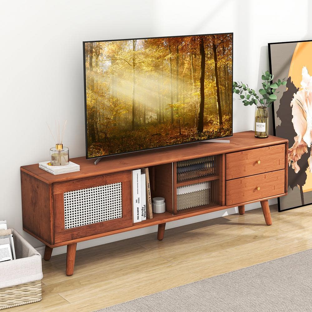 FORCLOVER Brown Bamboo TV Stand Fits TVs up to 65 in. HYM-471BN - The ...
