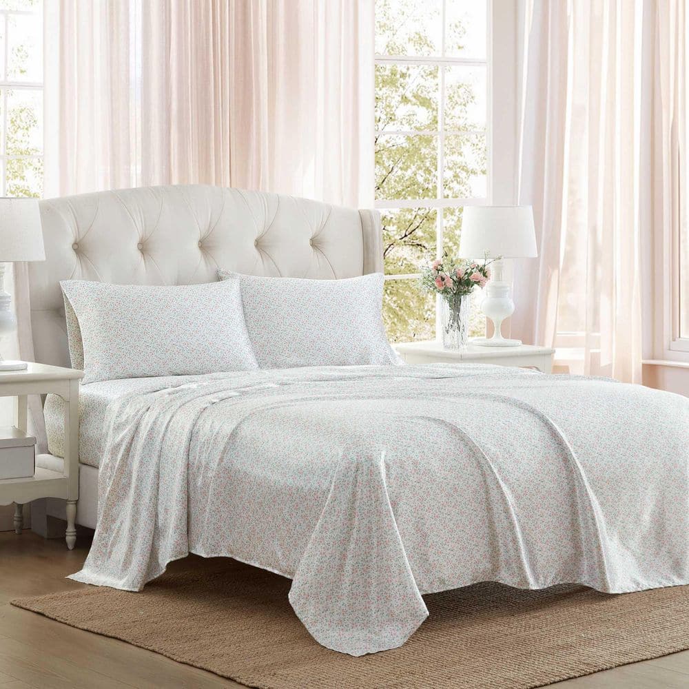 Laura Ashley Tierney 4-Piece Pink Sateen Cotton Queen Sheet Set ...