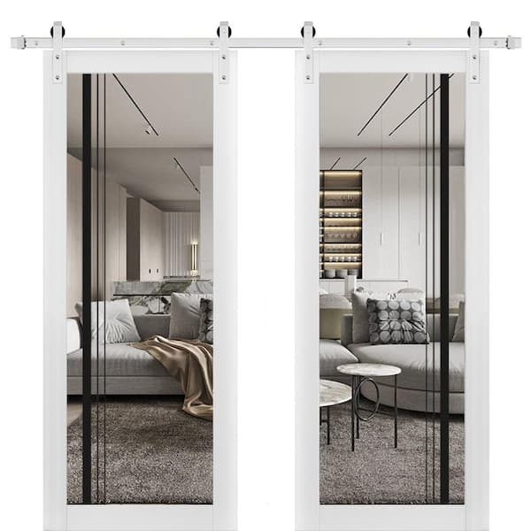 Sartodoors 36 in. x 96 in. 2 Panel Clear Glass White Solid Wood Sliding ...