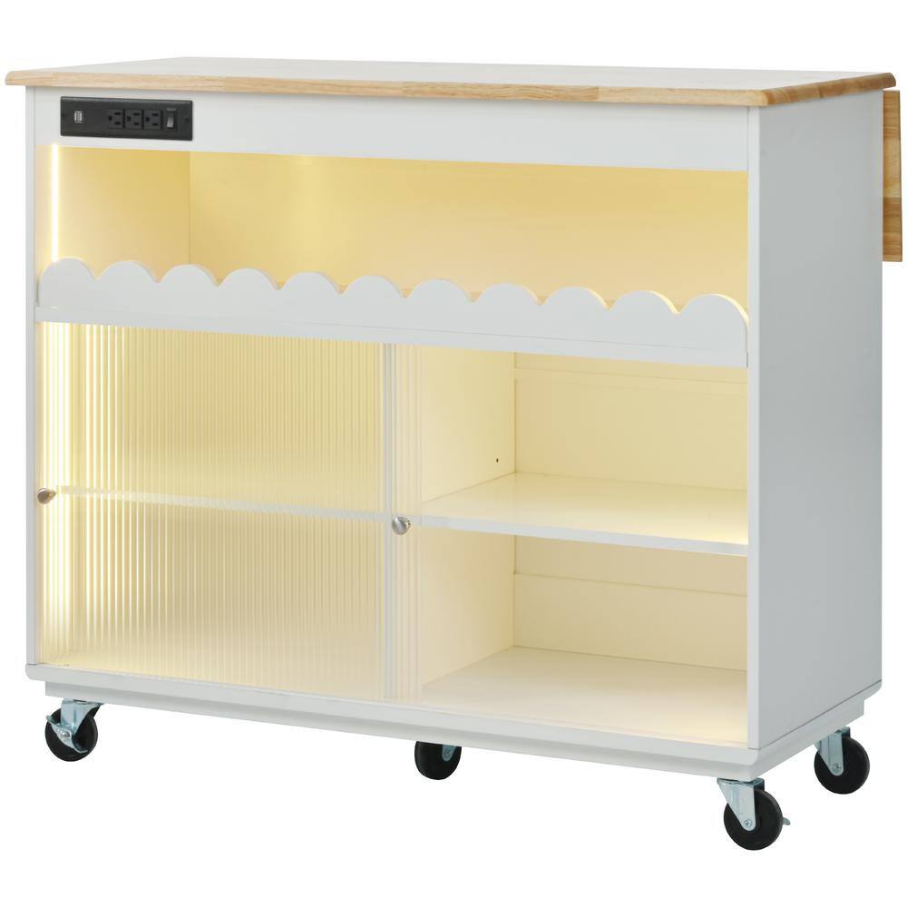 White LED Light Kitchen Cart Island on Wheels with Power Outlets, 2 ...