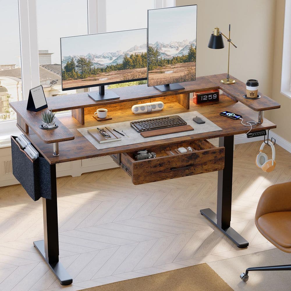 Bestier 58 in. Rectangular Rustic Brown Wood Sit to Stand Desk with ...
